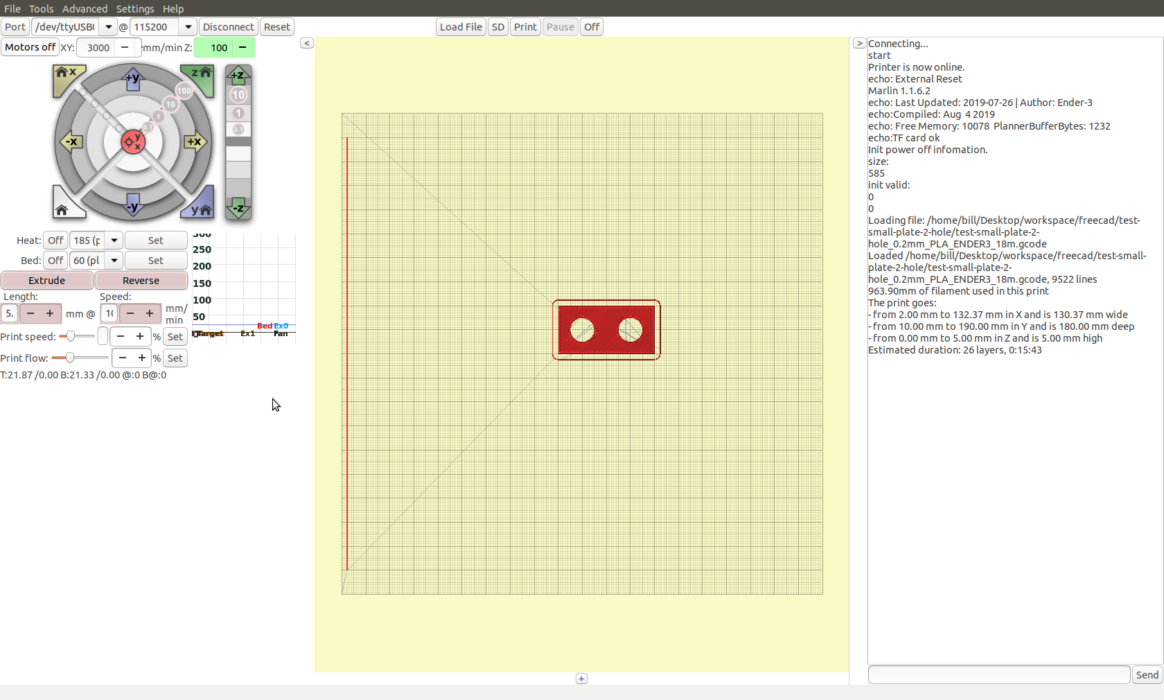 Printing on Creality Ender 3 with Pronterface USB connection.